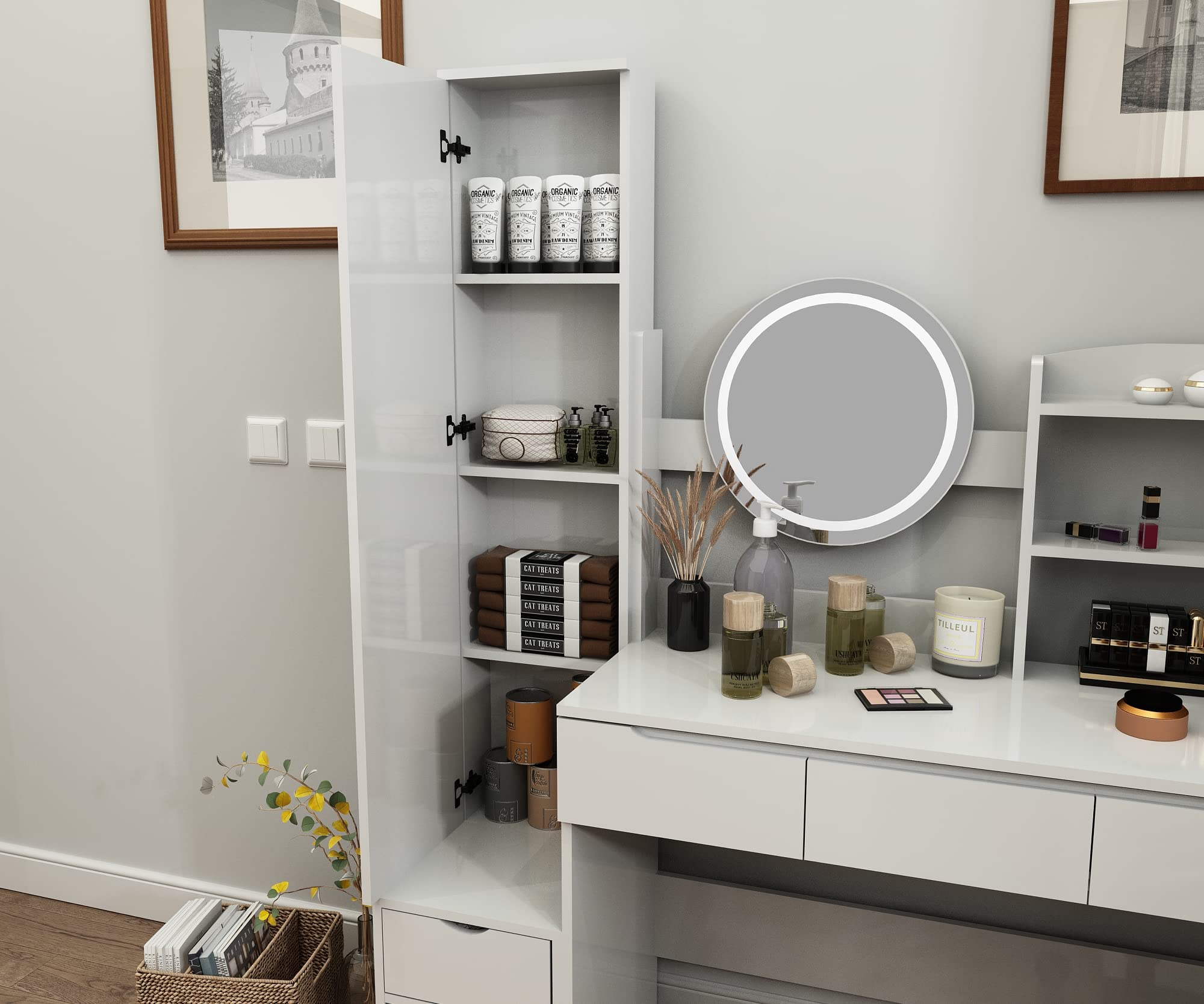 63" Makeup Vanity Desk with 3-Color Adjustable Touch Light,Wooden Mass Storage Vanity Mirror with 5 Drawers for Women Girls White
