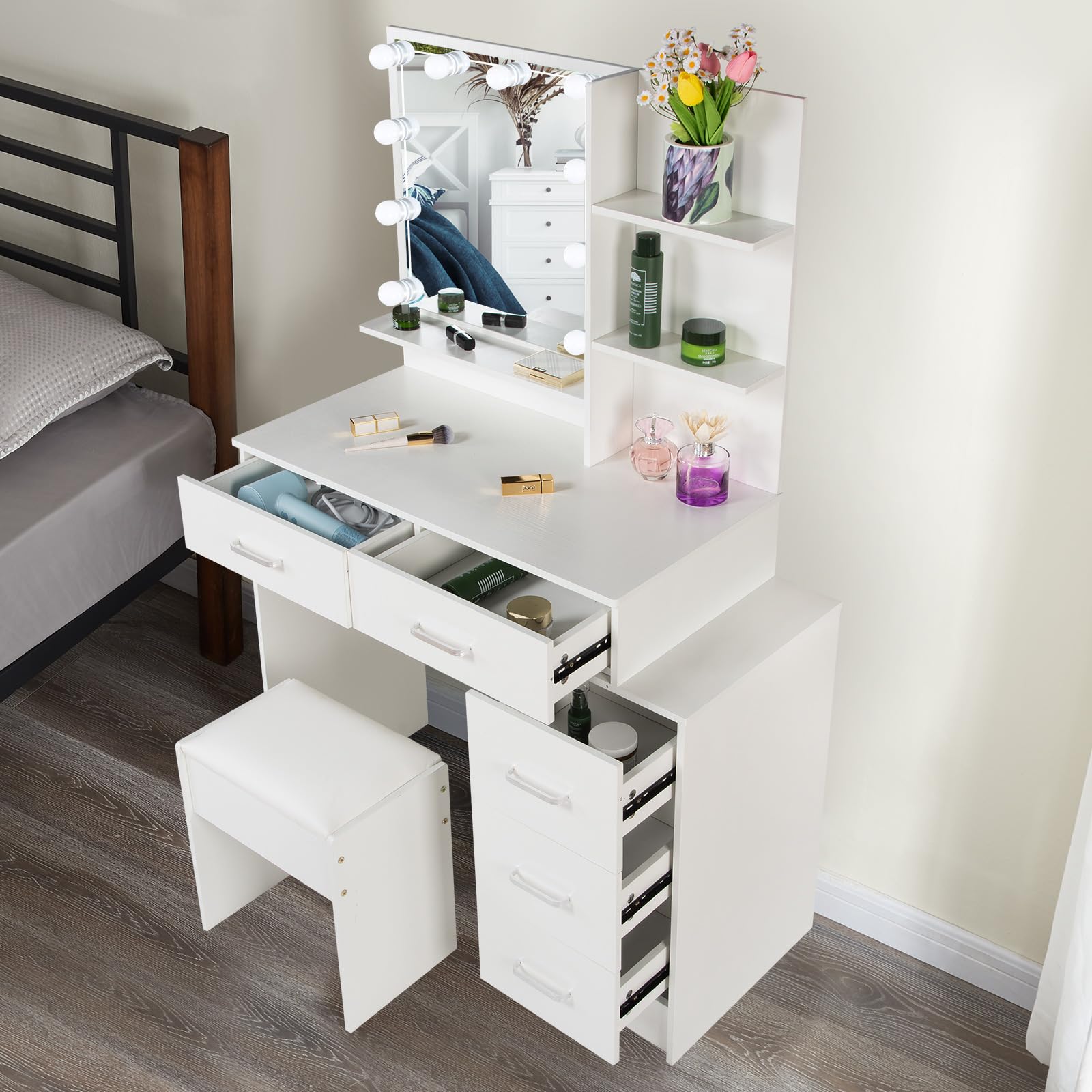 JBLCC Makeup Vanity with Lighted Mirror,Large Vanity Desk with Storage Shelves & 5 Drawers,Cushioned Stool,Makeup Vanity Table with Lights for Bedroom (3080)