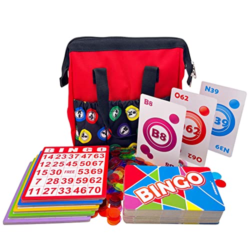 JUNWRROW Deluxe Bingo Game Set - Includes Red Bingo Bag, Jumbo Calling Card Deck,50 Mixed Bingo Cards, 500 Colorful Chips with a Bag- Ideal for Large Groups, Parties
