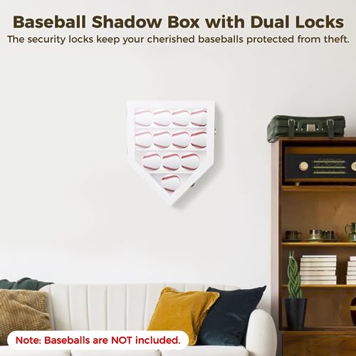 TIMCORR Baseball Display Case for 12 Baseballs, Wall Mount, White Wooden Frame with Transparent Acrylic Panel and Dual Metal Locks