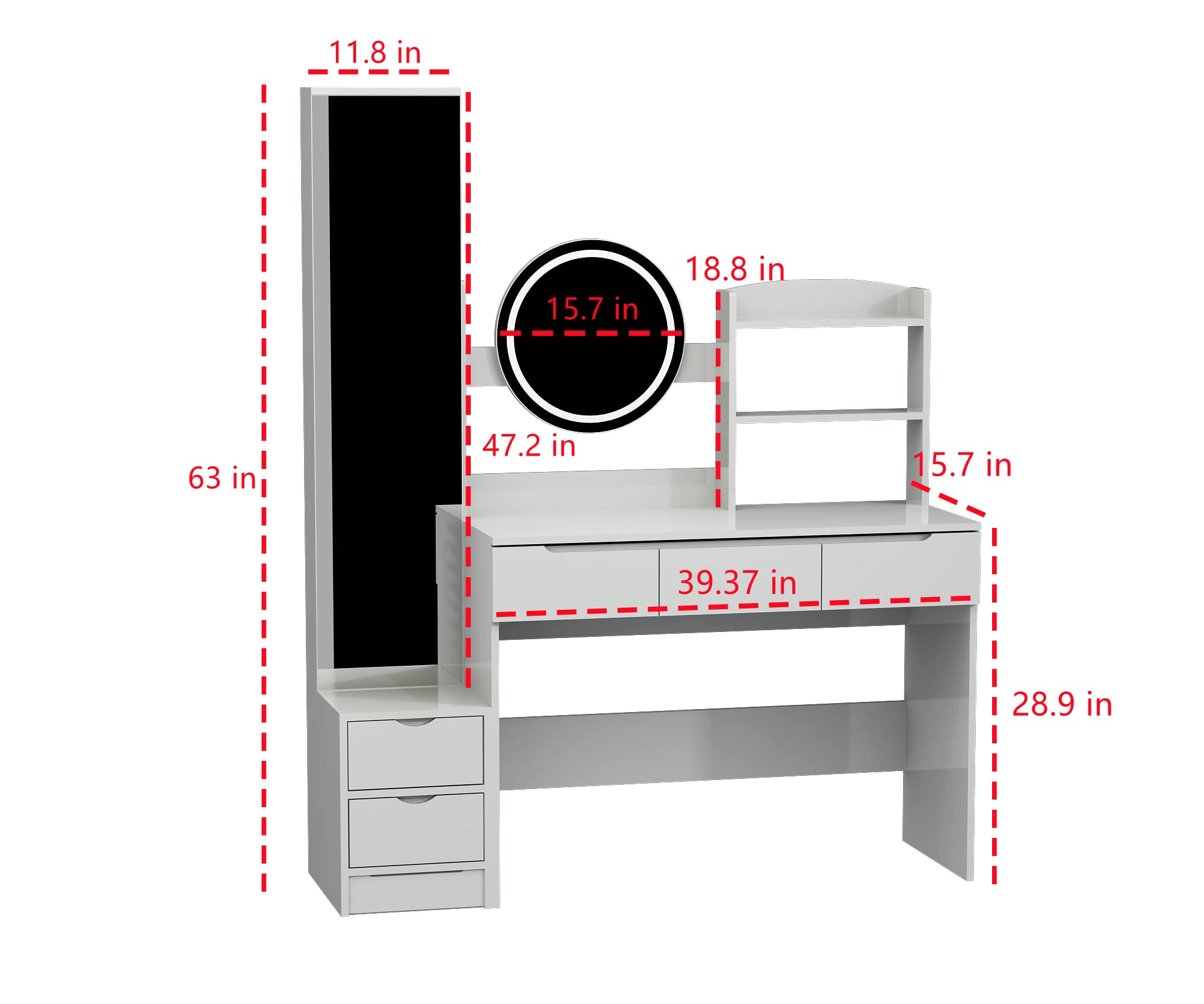 63" Makeup Vanity Desk with 3-Color Adjustable Touch Light,Wooden Mass Storage Vanity Mirror with 5 Drawers for Women Girls White