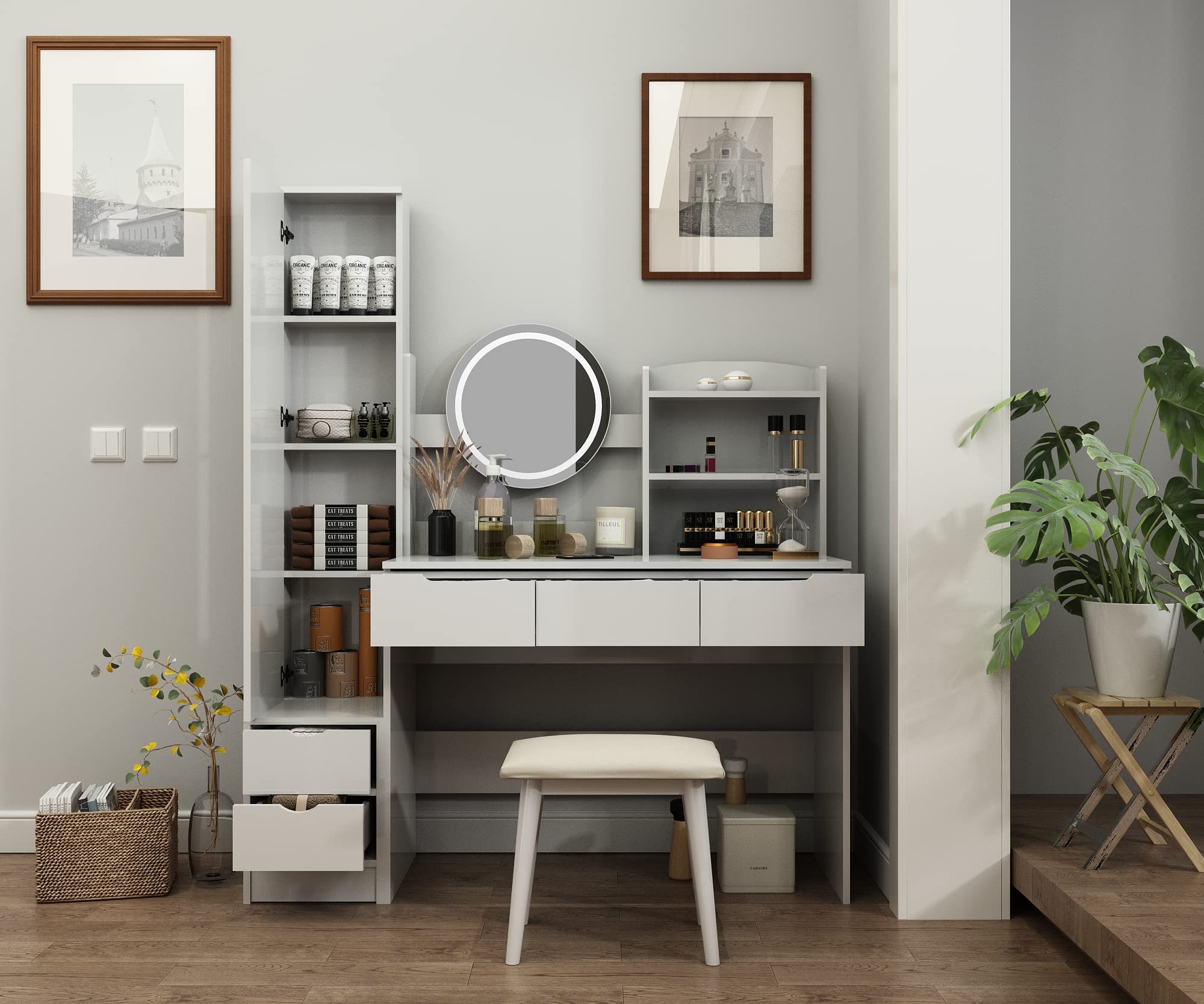 63" Makeup Vanity Desk with 3-Color Adjustable Touch Light,Wooden Mass Storage Vanity Mirror with 5 Drawers for Women Girls White