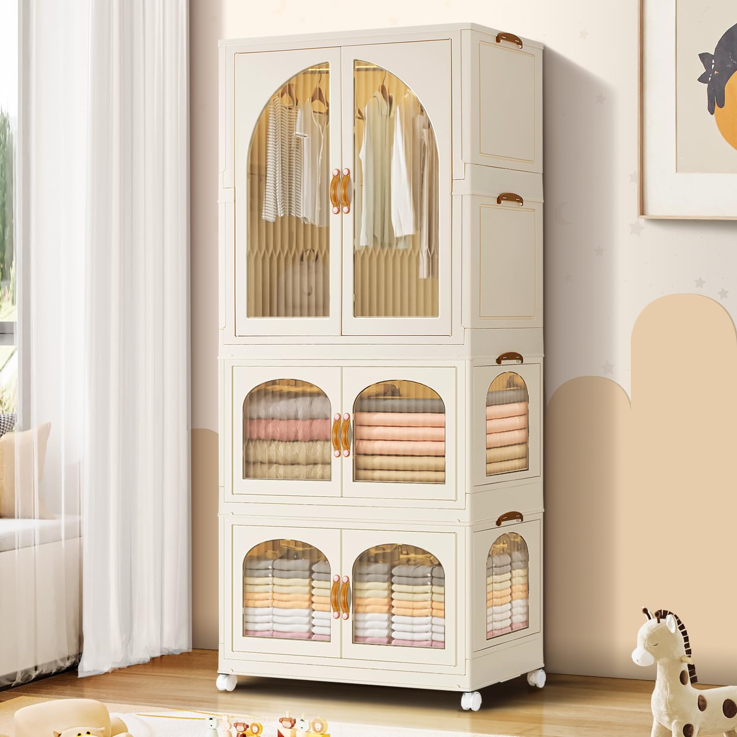 EHAMILY Portable Kids Closet Children's Wardrobe Collapsible Plastic Baby Clothes Large Cabinet Bedroom Nursery Armoire Quick Install Toddler Dresser with Hanging Rod and Door,White