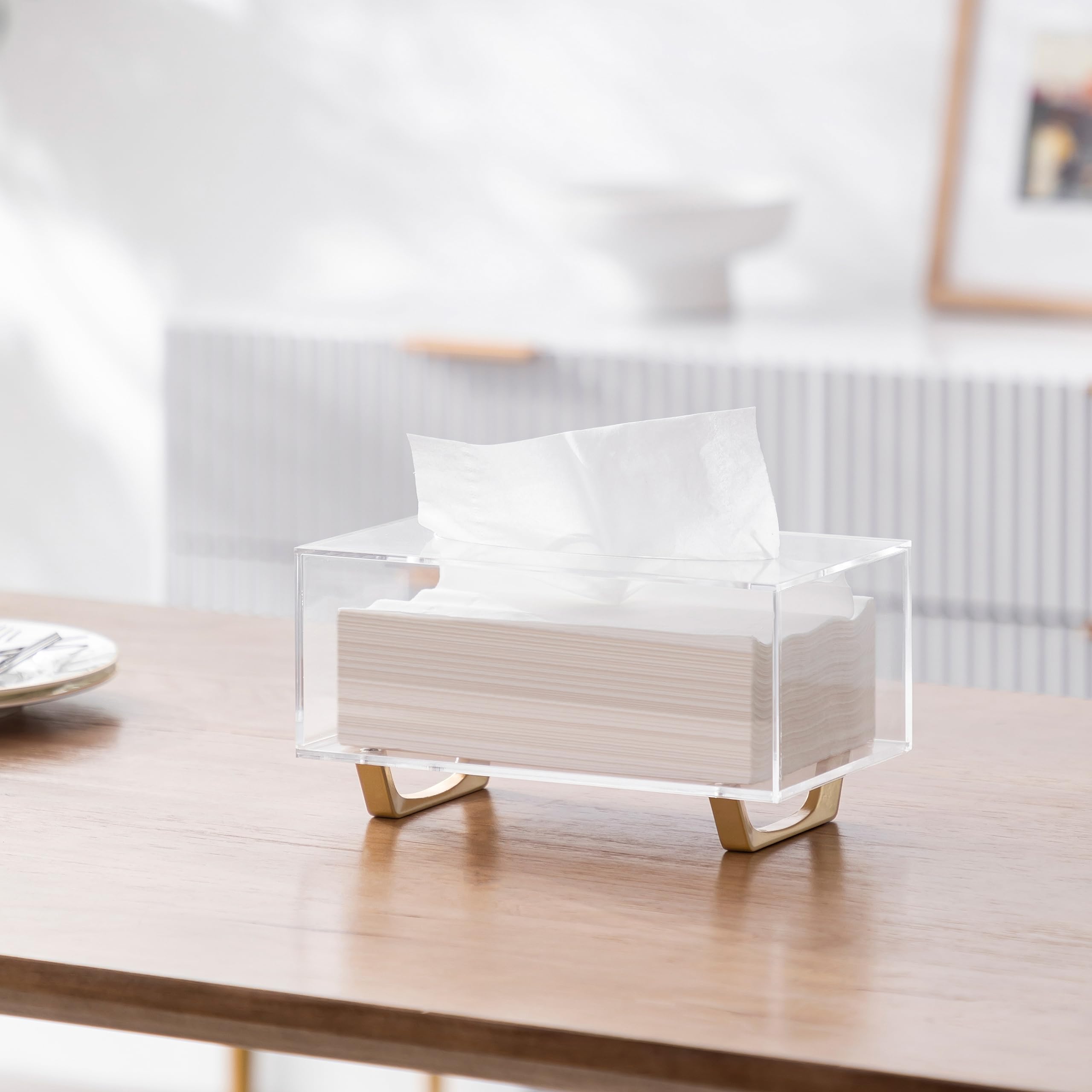 HBlife Clear Tissue Box Cover Rectangle Acrylic Tissue Box Holder with Gold Plated Legs Napkin Dispenser Dryer Sheet Container for Bathroom