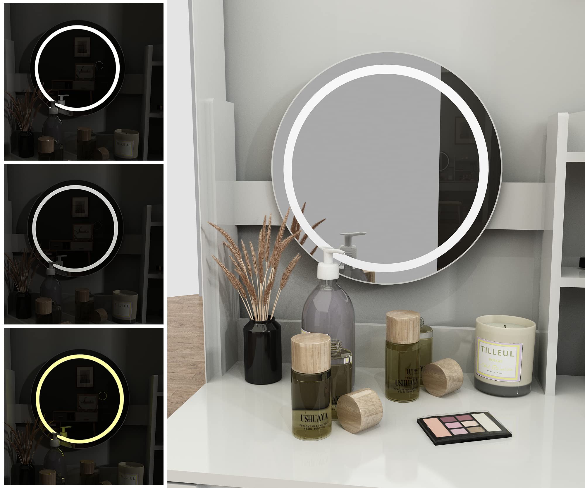 63" Makeup Vanity Desk with 3-Color Adjustable Touch Light,Wooden Mass Storage Vanity Mirror with 5 Drawers for Women Girls White