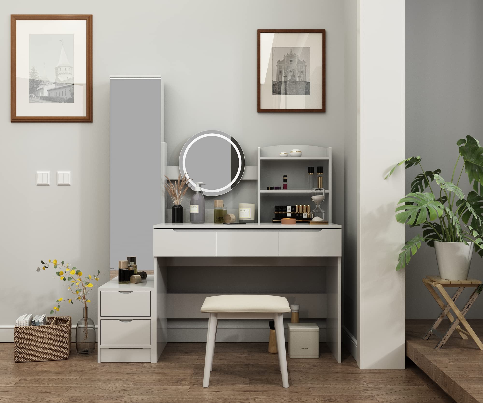 63" Makeup Vanity Desk with 3-Color Adjustable Touch Light,Wooden Mass Storage Vanity Mirror with 5 Drawers for Women Girls White
