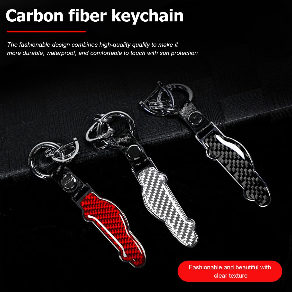 BESULEN Carbon Fiber Car Keychain, Microfiber Leather Key Chain, Waterproof Car Shape Key Fob Key Ring Holder (Red)