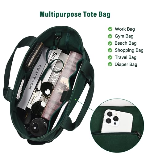 Eudora Large Heavy Duty Canvas Tote Bag for women with Water Resistant and Multi-pocket for Teacher Nurse Office Work(Dark Green)
