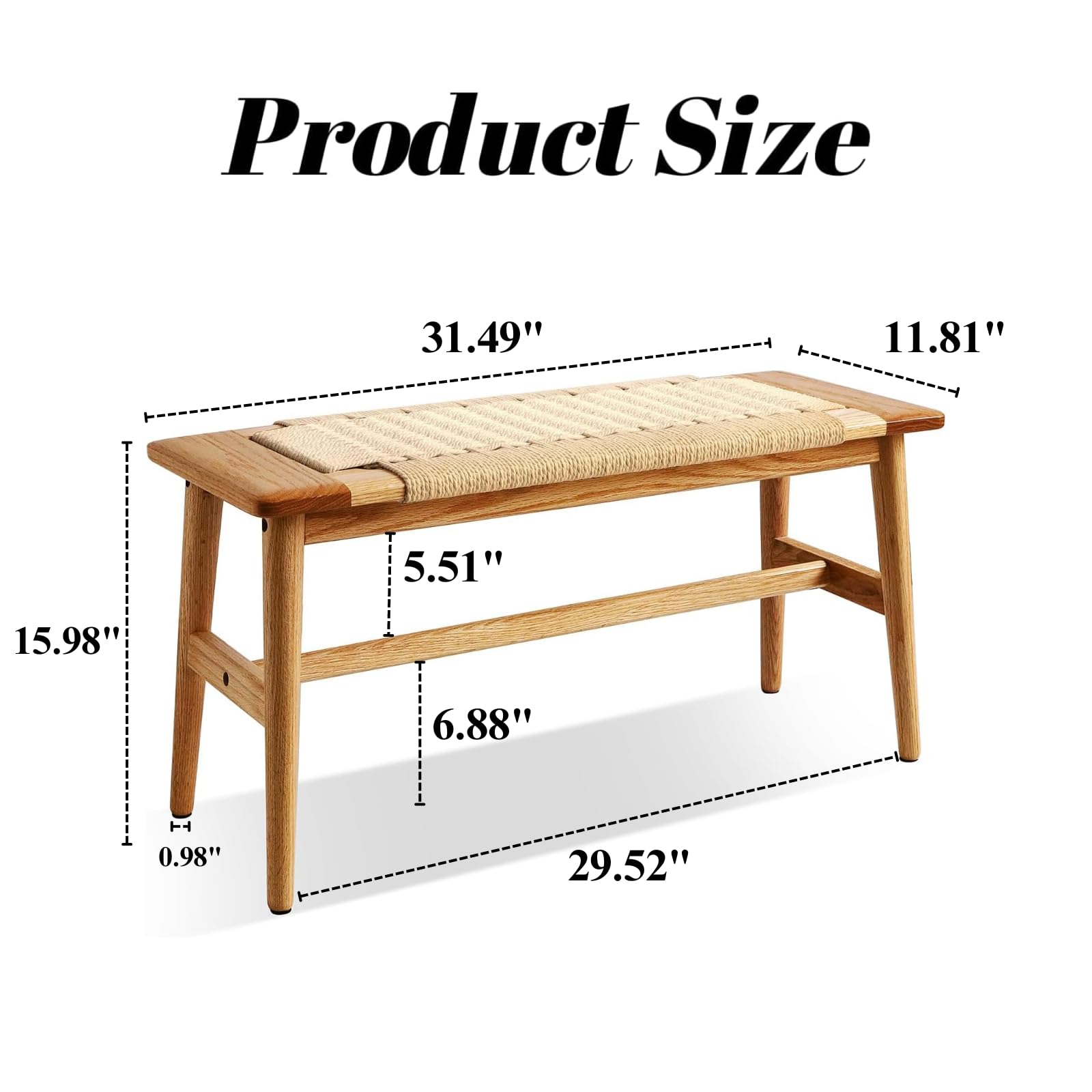 Hymus 32" L 100% FAS Oak Wooden Bench Indoor - Solid Wood Rope Woven Entryway Bench, Dining Bench, Boho Furniture for Entryway, Dining Room, Bedroom, Kitchen (Natural)