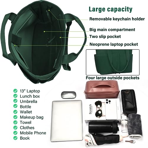 Eudora Large Heavy Duty Canvas Tote Bag for women with Water Resistant and Multi-pocket for Teacher Nurse Office Work(Dark Green)