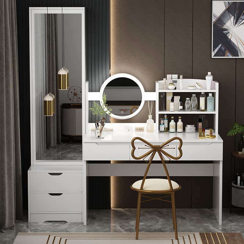 63" Makeup Vanity Desk with 3-Color Adjustable Touch Light,Wooden Mass Storage Vanity Mirror with 5 Drawers for Women Girls White