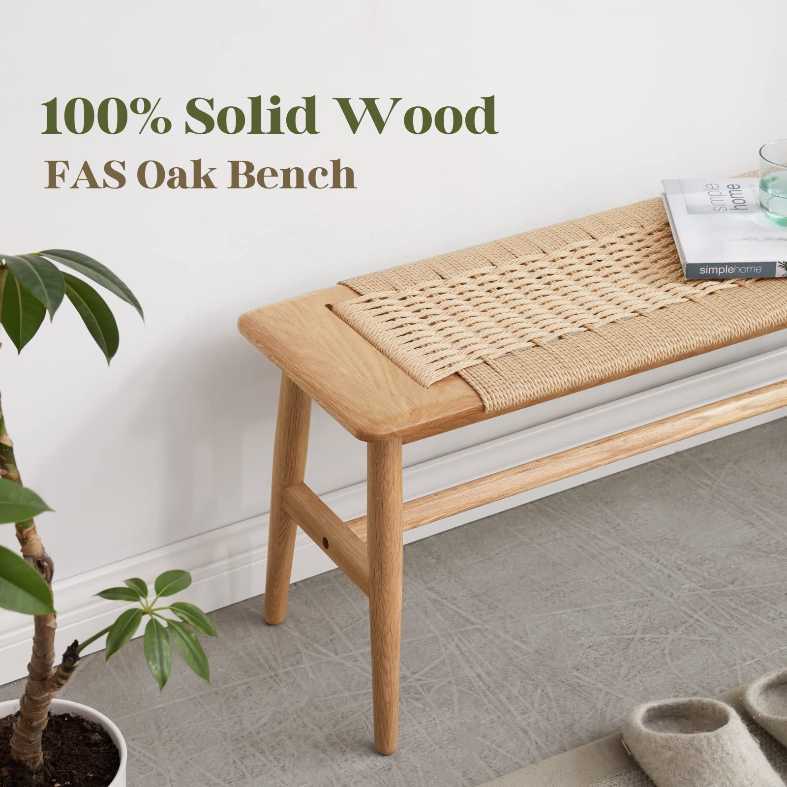 Hymus 32" L 100% FAS Oak Wooden Bench Indoor - Solid Wood Rope Woven Entryway Bench, Dining Bench, Boho Furniture for Entryway, Dining Room, Bedroom, Kitchen (Natural)