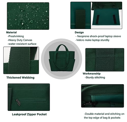 Eudora Large Heavy Duty Canvas Tote Bag for women with Water Resistant and Multi-pocket for Teacher Nurse Office Work(Dark Green)