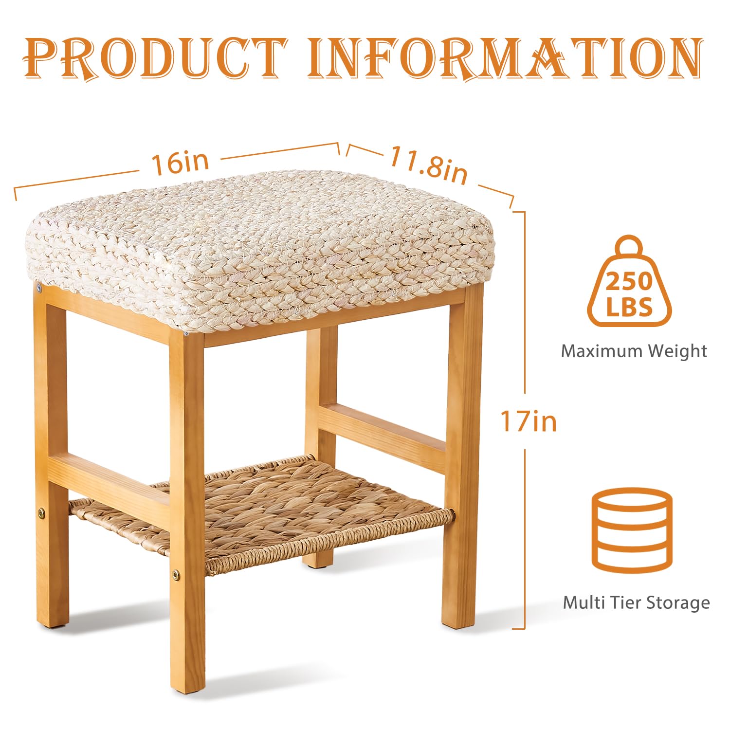 Cpintltr Foot Stool Natural Seagrass Hand Weave Poufs Square Ottoman Bench Modern Dressing Stool Small Stool Side Table Footstool with Wood Legs Vanity Stool for Bathroom Living Room Natural White