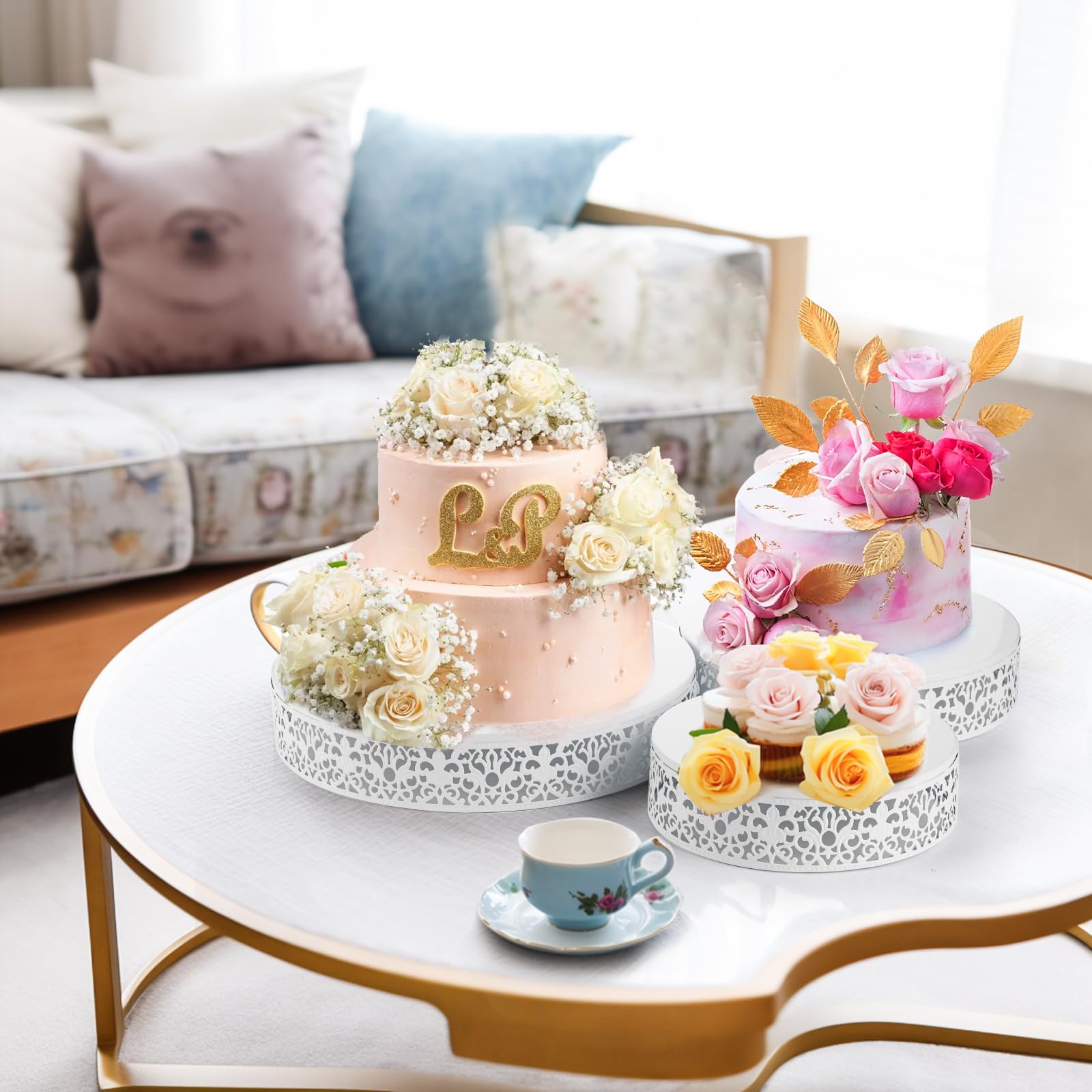 Lyellfe Set of 3 White Cake Stand, Metal Dessert Display Set, Decorative Cupcake Stand for Baby Shower, Birthday Party, Wedding, Afternoon Tea, Festival