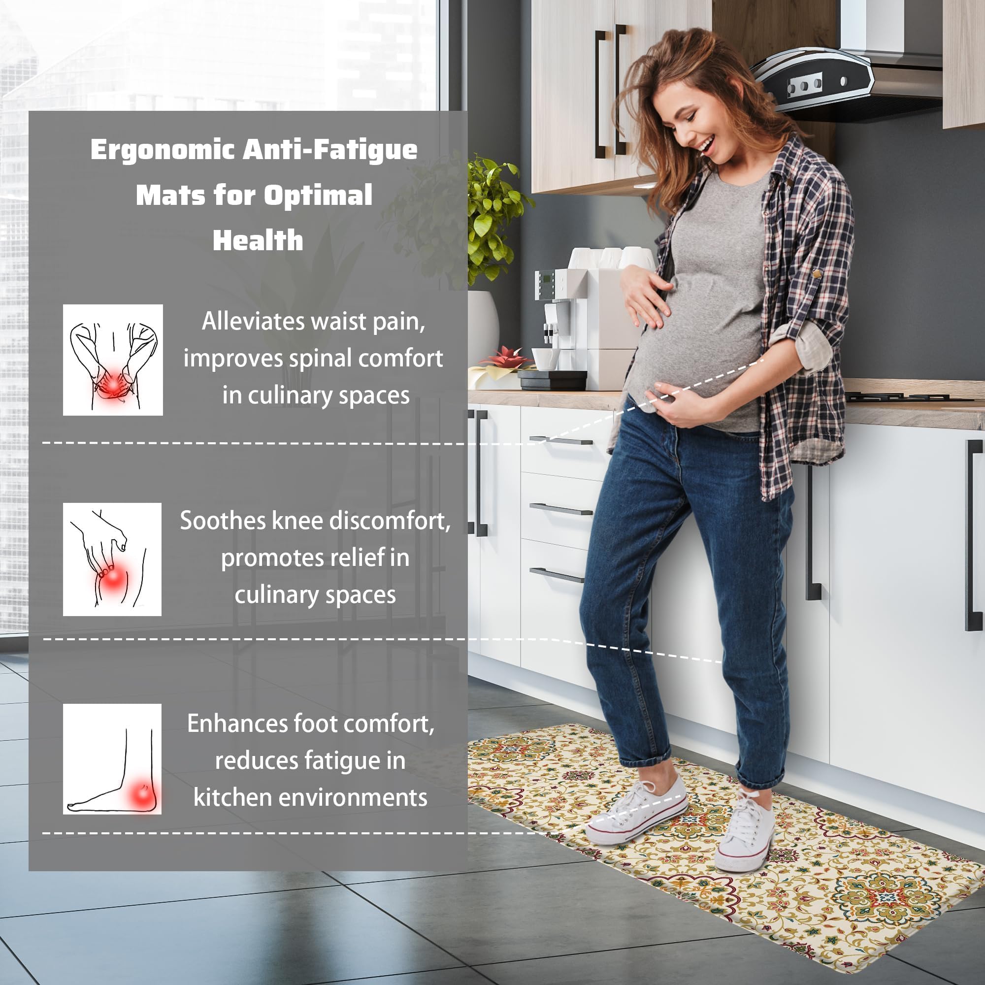Tyrot Boho Kitchen Mat Set of 2 Cushioned Anti Fatigue Floor Mat PVC Rubber Kitchen Rugs Non Slip Waterproof Damask Floral Kitchen Rugs and Mats Comfort Standing Memory Foam Mat for Kitchen