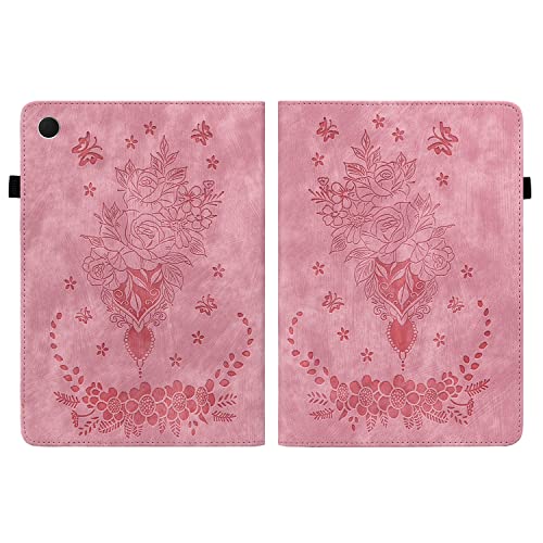 Ammeer Case for Samsung Galaxy Tab A8 10.5", Retro Rose Flower Pattern Flip Smart Cover Wallet PU Leather Bag Stand Card Slots Holder Elastic Band - Pink