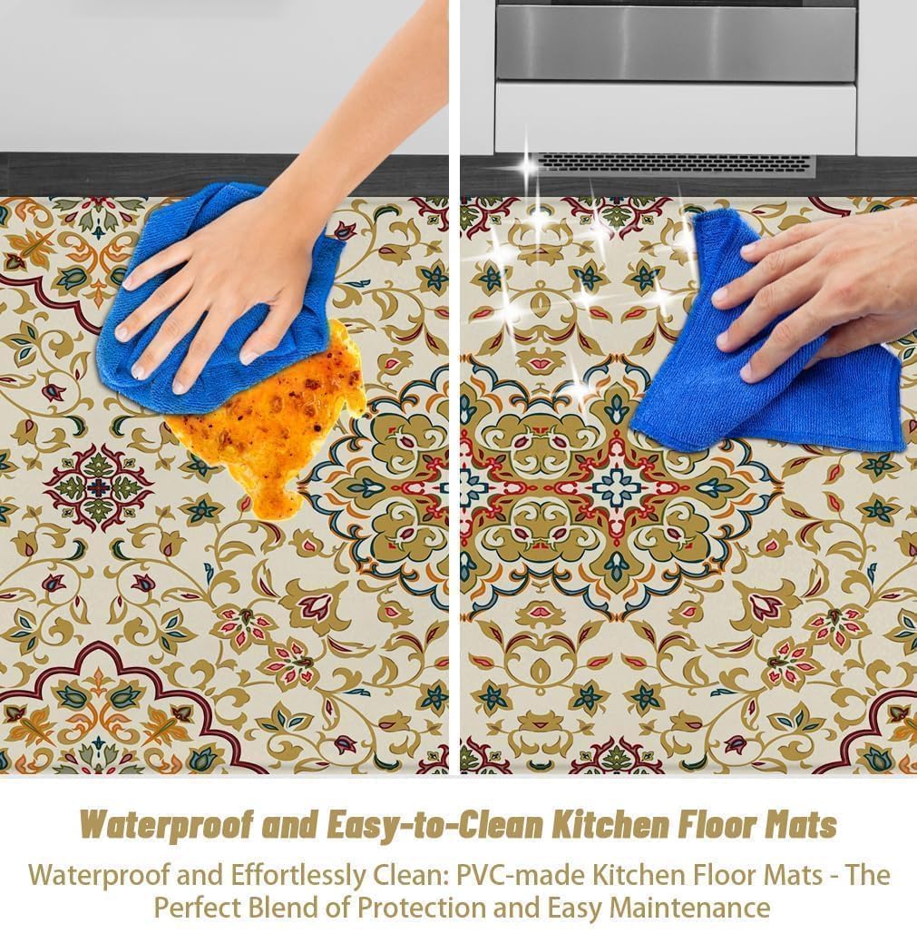 Tyrot Boho Kitchen Mat Set of 2 Cushioned Anti Fatigue Floor Mat PVC Rubber Kitchen Rugs Non Slip Waterproof Damask Floral Kitchen Rugs and Mats Comfort Standing Memory Foam Mat for Kitchen