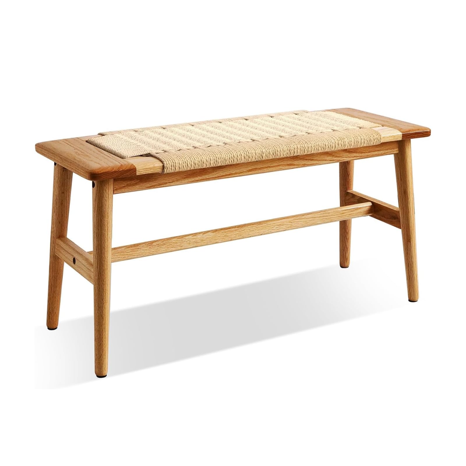 Hymus 32" L 100% FAS Oak Wooden Bench Indoor - Solid Wood Rope Woven Entryway Bench, Dining Bench, Boho Furniture for Entryway, Dining Room, Bedroom, Kitchen (Natural)