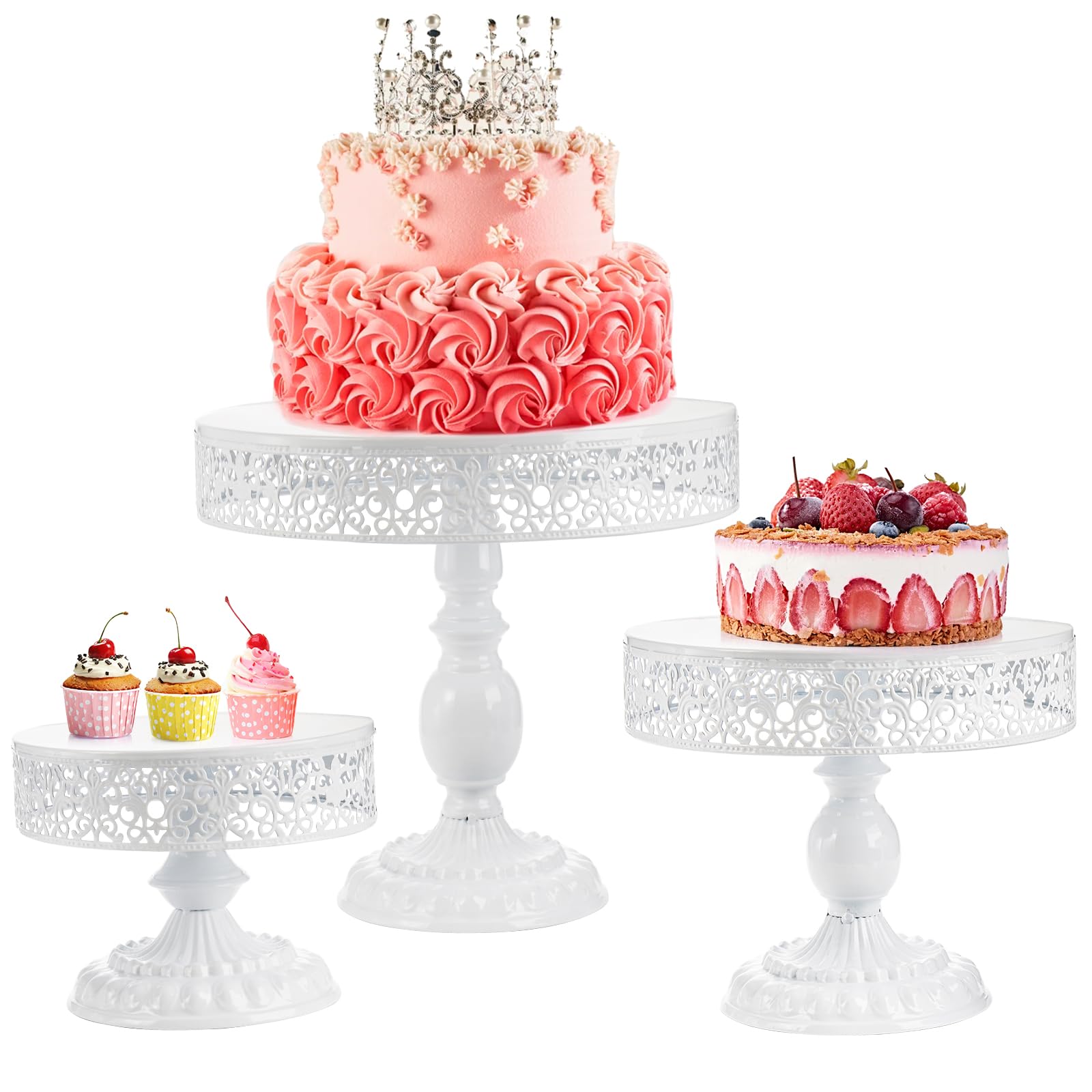 Lyellfe Set of 3 White Cake Stand, Metal Dessert Display Set, Decorative Cupcake Stand for Baby Shower, Birthday Party, Wedding, Afternoon Tea, Festival