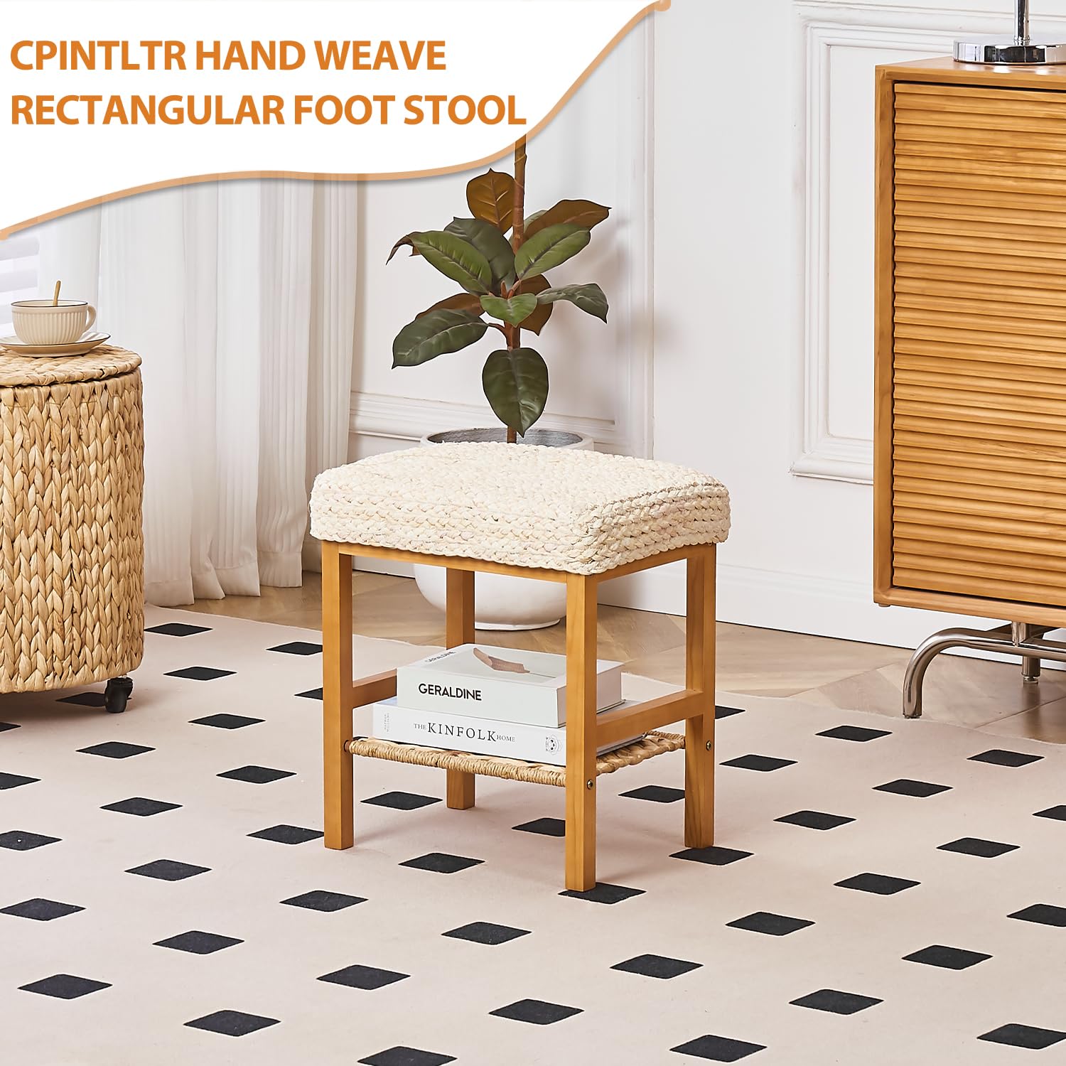 Cpintltr Foot Stool Natural Seagrass Hand Weave Poufs Square Ottoman Bench Modern Dressing Stool Small Stool Side Table Footstool with Wood Legs Vanity Stool for Bathroom Living Room Natural White