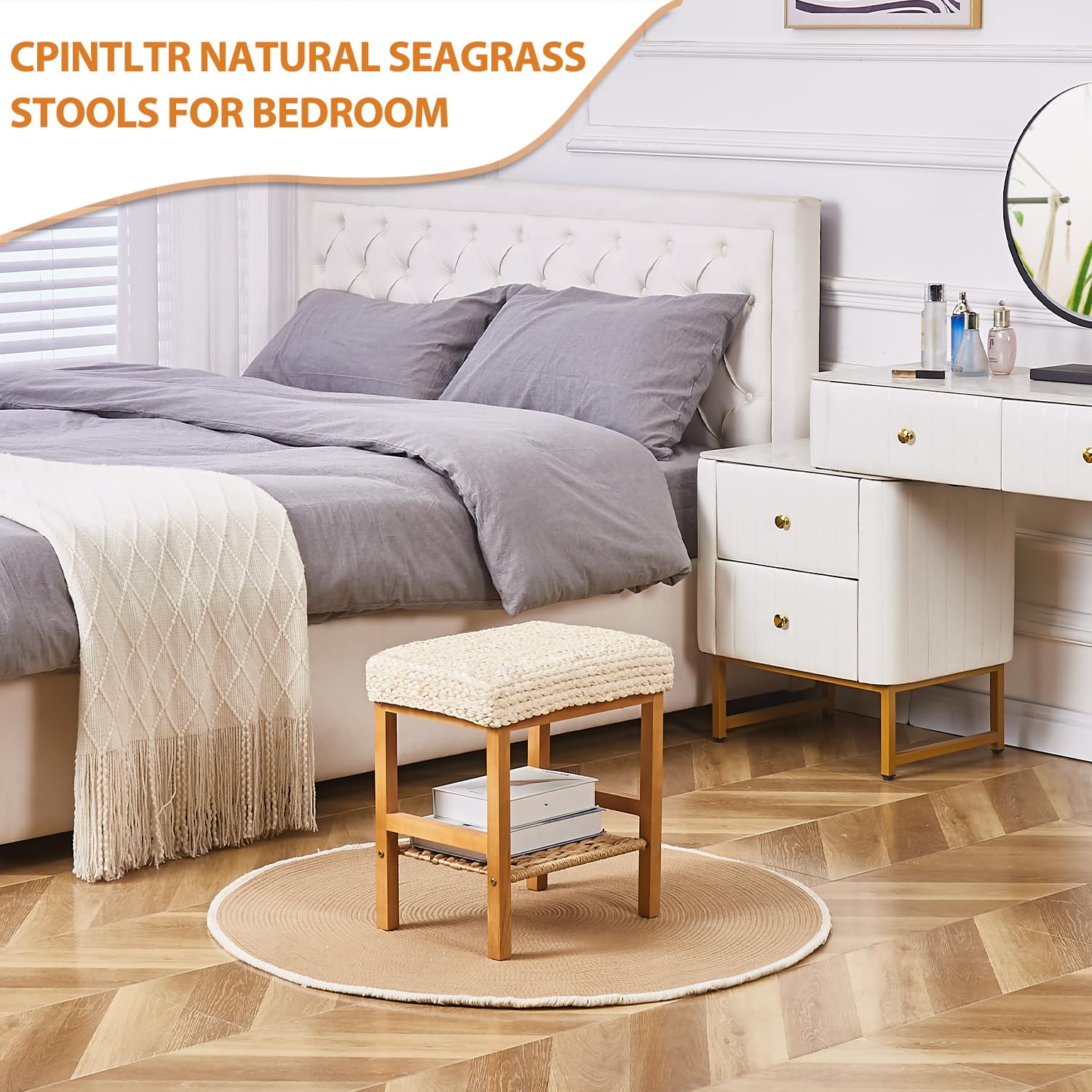 Cpintltr Foot Stool Natural Seagrass Hand Weave Poufs Square Ottoman Bench Modern Dressing Stool Small Stool Side Table Footstool with Wood Legs Vanity Stool for Bathroom Living Room Natural White