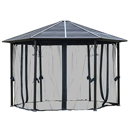 Walnut 13' X 13' Hardtop Hexagonal Gazebo Canopy with Steel Roof, Heavy-Duty Aluminum Alloy Frame Ventilating Mesh Sidewalls