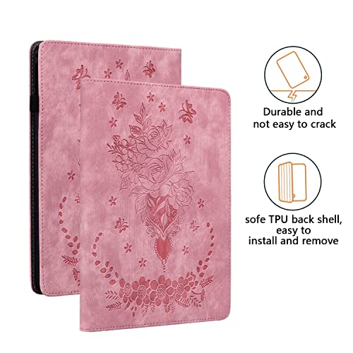 Ammeer Case for Samsung Galaxy Tab A8 10.5", Retro Rose Flower Pattern Flip Smart Cover Wallet PU Leather Bag Stand Card Slots Holder Elastic Band - Pink