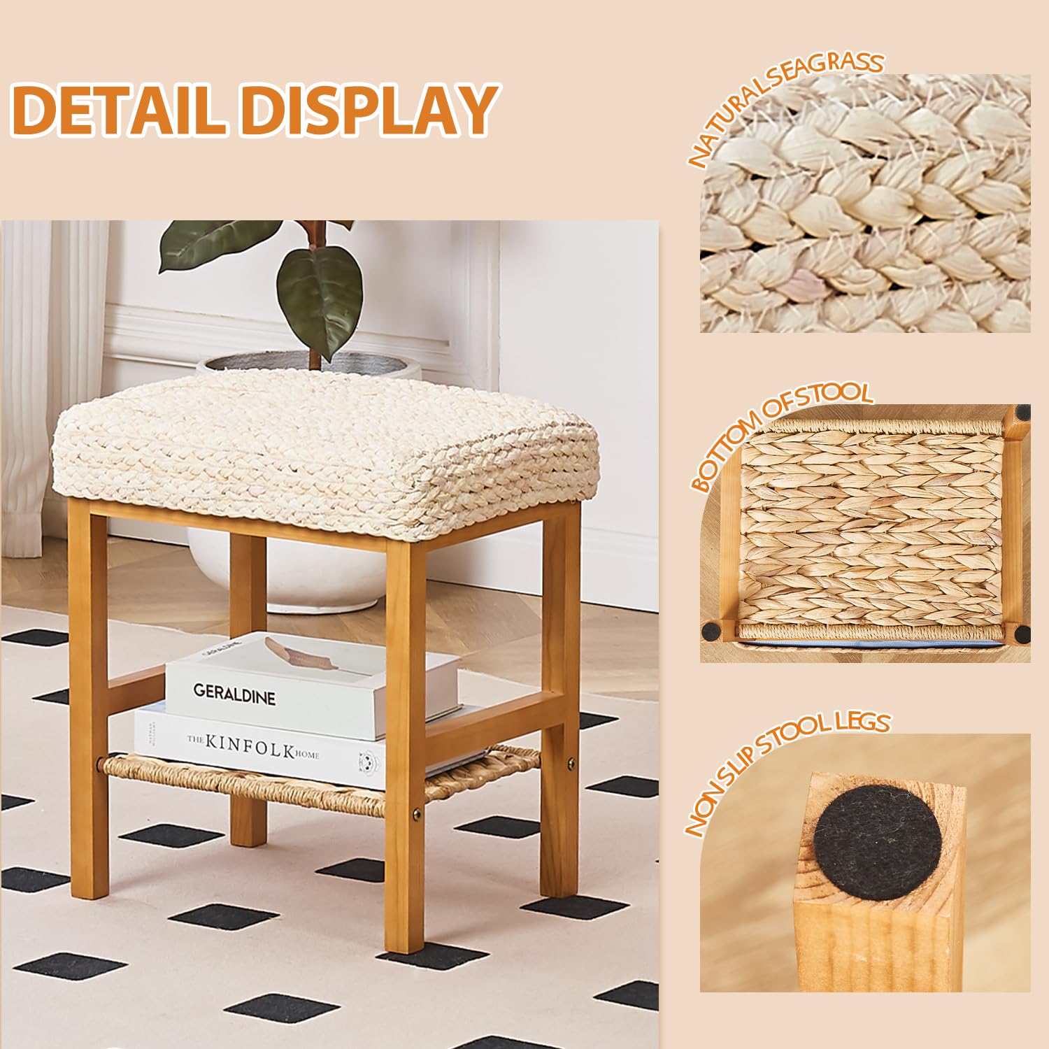 Cpintltr Foot Stool Natural Seagrass Hand Weave Poufs Square Ottoman Bench Modern Dressing Stool Small Stool Side Table Footstool with Wood Legs Vanity Stool for Bathroom Living Room Natural White