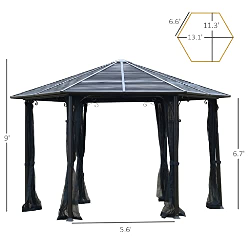 Walnut 13' X 13' Hardtop Hexagonal Gazebo Canopy with Steel Roof, Heavy-Duty Aluminum Alloy Frame Ventilating Mesh Sidewalls