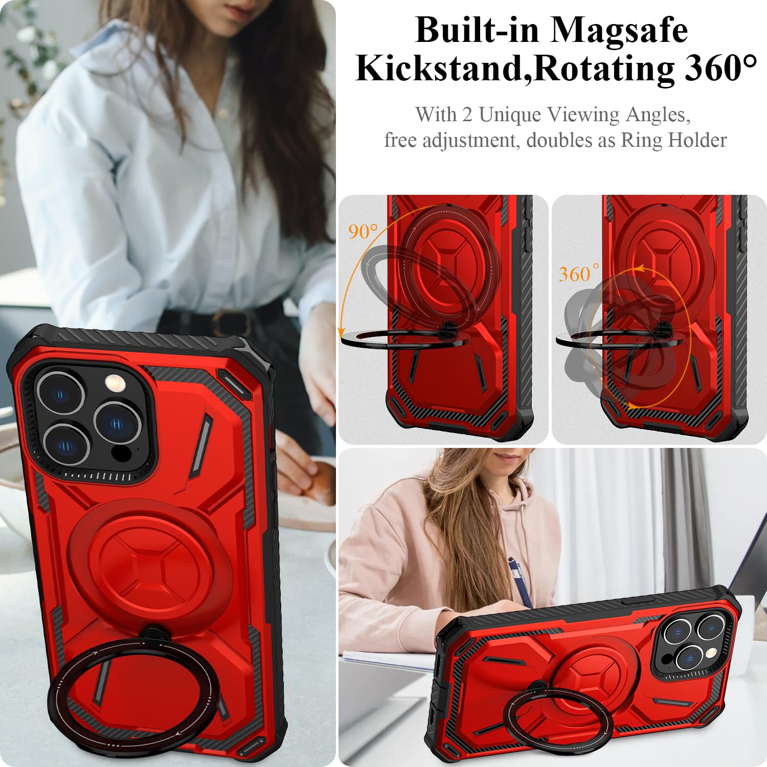 MMHUO 360°Rotatable Magnetic Ring for iPhone 14 Pro Max Case with Invisible Stand,[Compatible with MagSafe] Military Grade Drop Tested Heavy Duty Protective Case for iPhone 14 Pro Max,Red