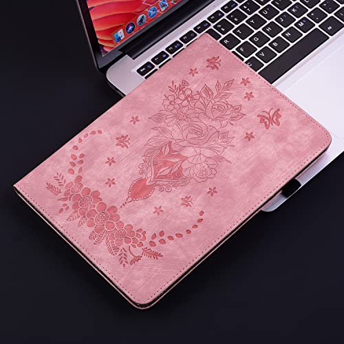 Ammeer Case for Samsung Galaxy Tab A8 10.5", Retro Rose Flower Pattern Flip Smart Cover Wallet PU Leather Bag Stand Card Slots Holder Elastic Band - Pink