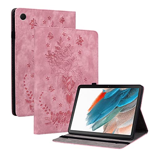 Ammeer Case for Samsung Galaxy Tab A8 10.5", Retro Rose Flower Pattern Flip Smart Cover Wallet PU Leather Bag Stand Card Slots Holder Elastic Band - Pink