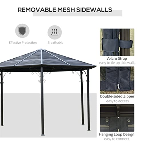 Walnut 13' X 13' Hardtop Hexagonal Gazebo Canopy with Steel Roof, Heavy-Duty Aluminum Alloy Frame Ventilating Mesh Sidewalls