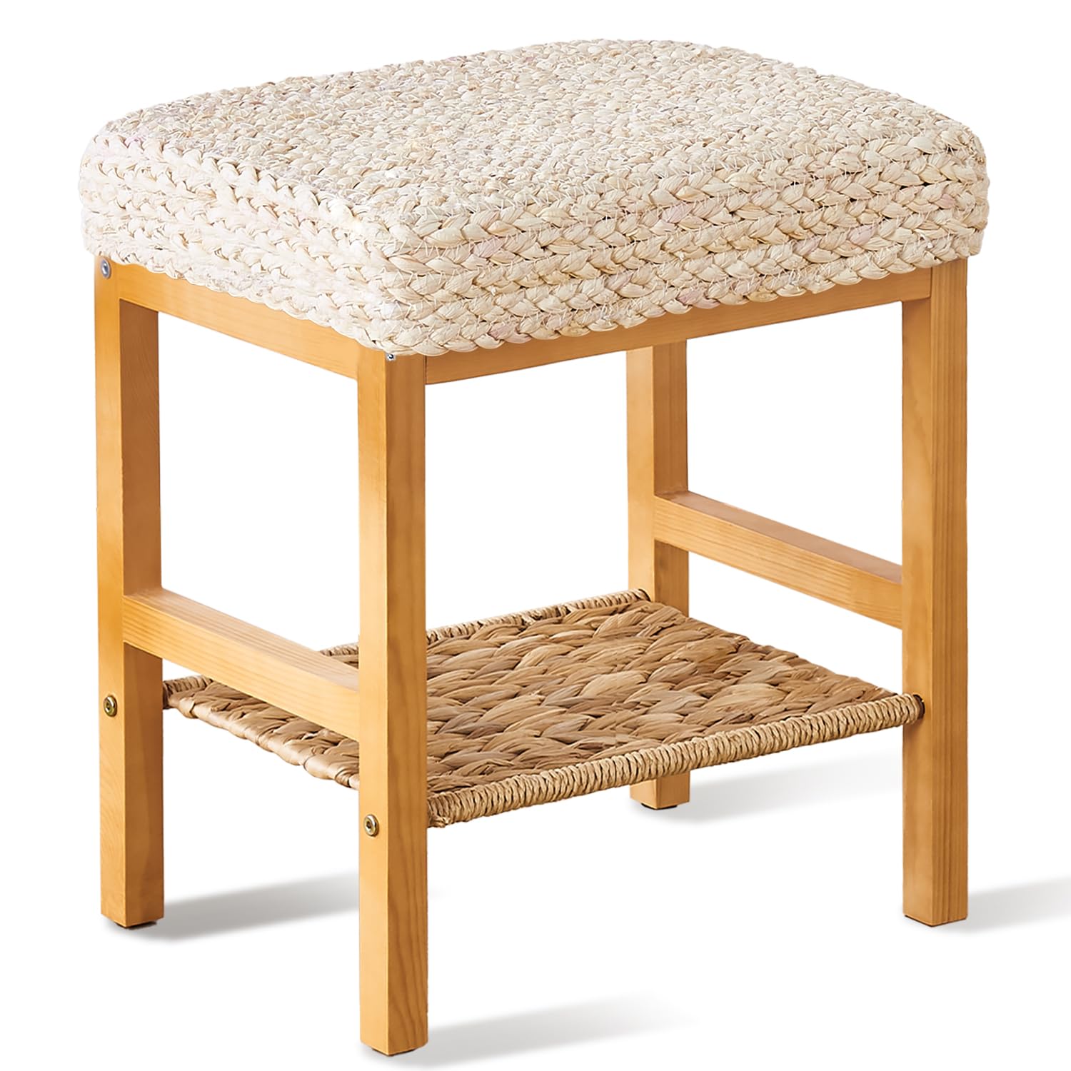 Cpintltr Foot Stool Natural Seagrass Hand Weave Poufs Square Ottoman Bench Modern Dressing Stool Small Stool Side Table Footstool with Wood Legs Vanity Stool for Bathroom Living Room Natural White