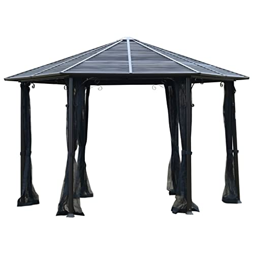 Walnut 13' X 13' Hardtop Hexagonal Gazebo Canopy with Steel Roof, Heavy-Duty Aluminum Alloy Frame Ventilating Mesh Sidewalls