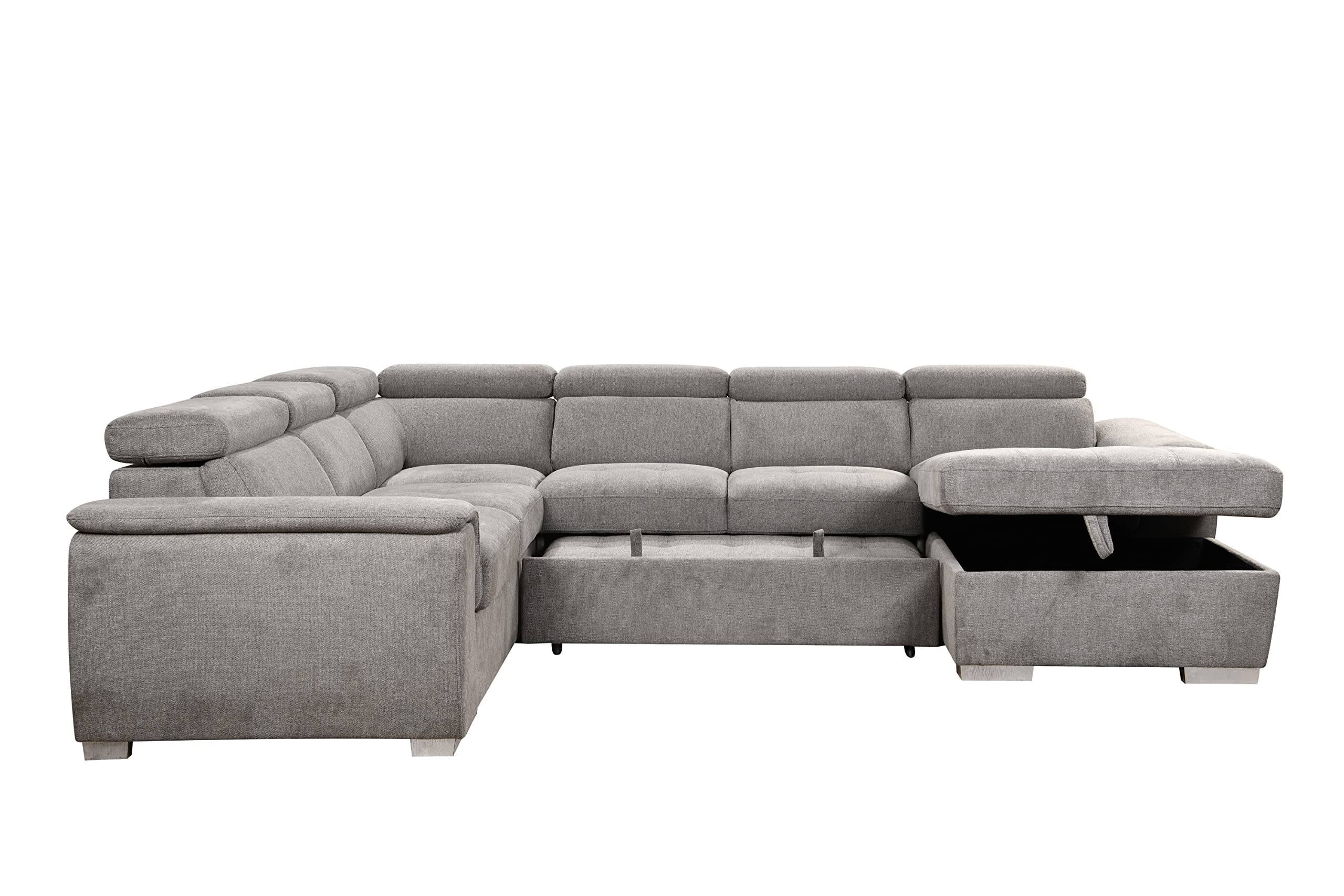 Eafurn 125'' U-Shaped Sectional Sleeper Right Storage Chaise Lounge and Pull Out Bed, 7-Seater Tufted Seat Oversized Sofa & Couches with Adjustable Headrest for Living Room, Light Gray