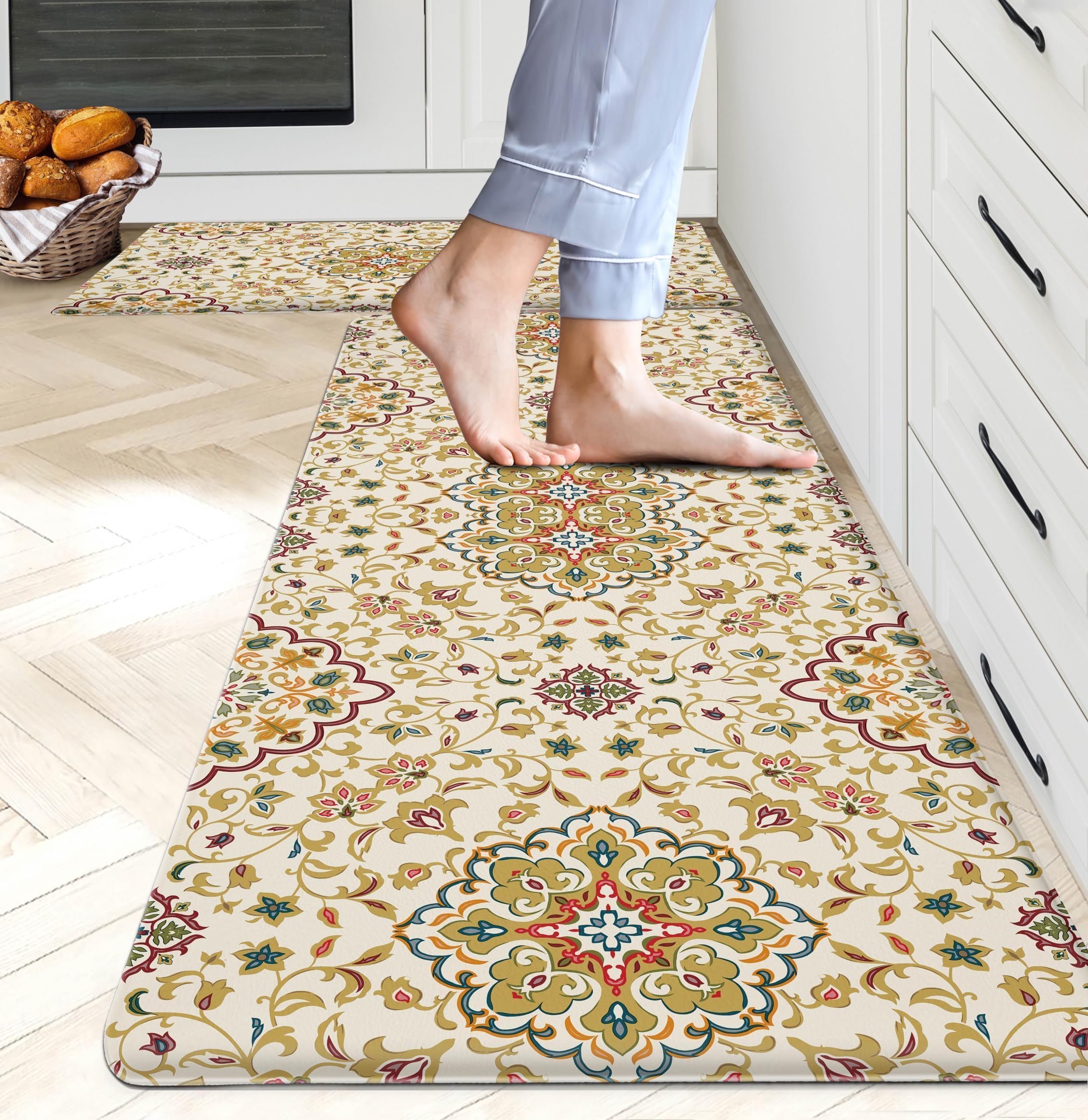 Tyrot Boho Kitchen Mat Set of 2 Cushioned Anti Fatigue Floor Mat PVC Rubber Kitchen Rugs Non Slip Waterproof Damask Floral Kitchen Rugs and Mats Comfort Standing Memory Foam Mat for Kitchen