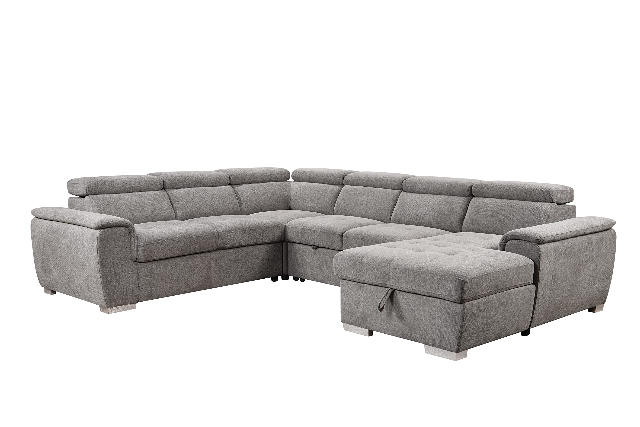 Eafurn 125'' U-Shaped Sectional Sleeper Right Storage Chaise Lounge and Pull Out Bed, 7-Seater Tufted Seat Oversized Sofa & Couches with Adjustable Headrest for Living Room, Light Gray