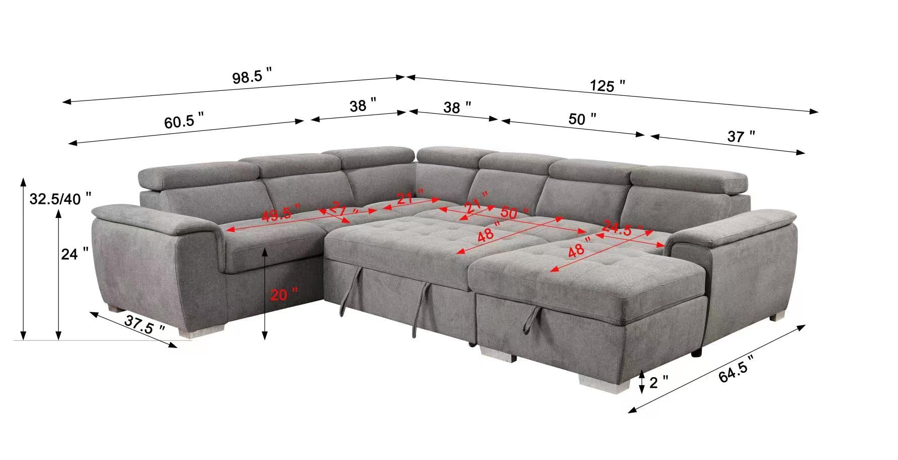Eafurn 125'' U-Shaped Sectional Sleeper Right Storage Chaise Lounge and Pull Out Bed, 7-Seater Tufted Seat Oversized Sofa & Couches with Adjustable Headrest for Living Room, Light Gray