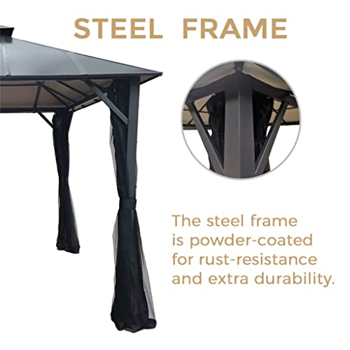 Walnut 10 Ft. X 10 Ft. Metal Outdoor Patio Gazebo with Insulated Double-Roof Hardtop and Netting