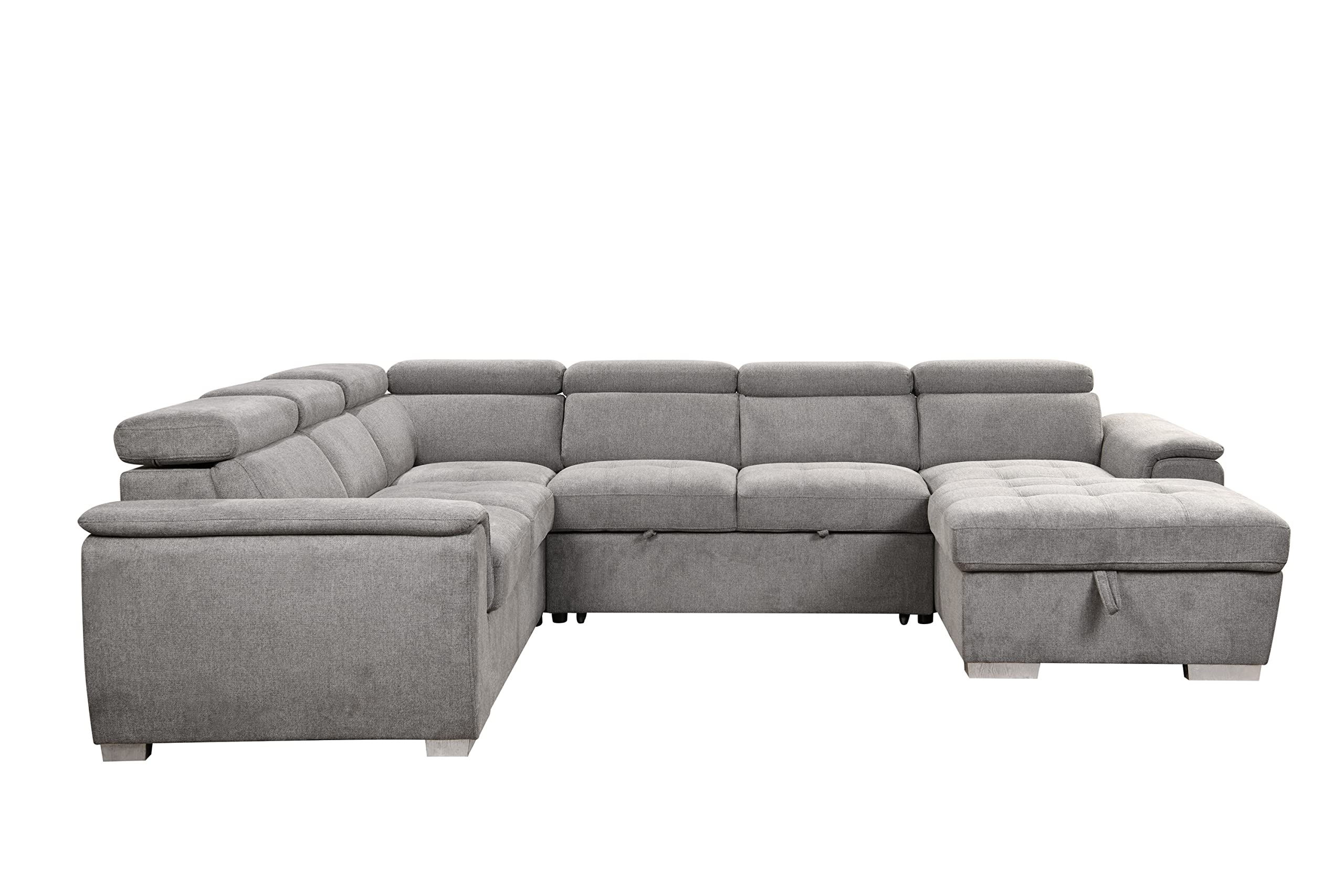 Eafurn 125'' U-Shaped Sectional Sleeper Right Storage Chaise Lounge and Pull Out Bed, 7-Seater Tufted Seat Oversized Sofa & Couches with Adjustable Headrest for Living Room, Light Gray