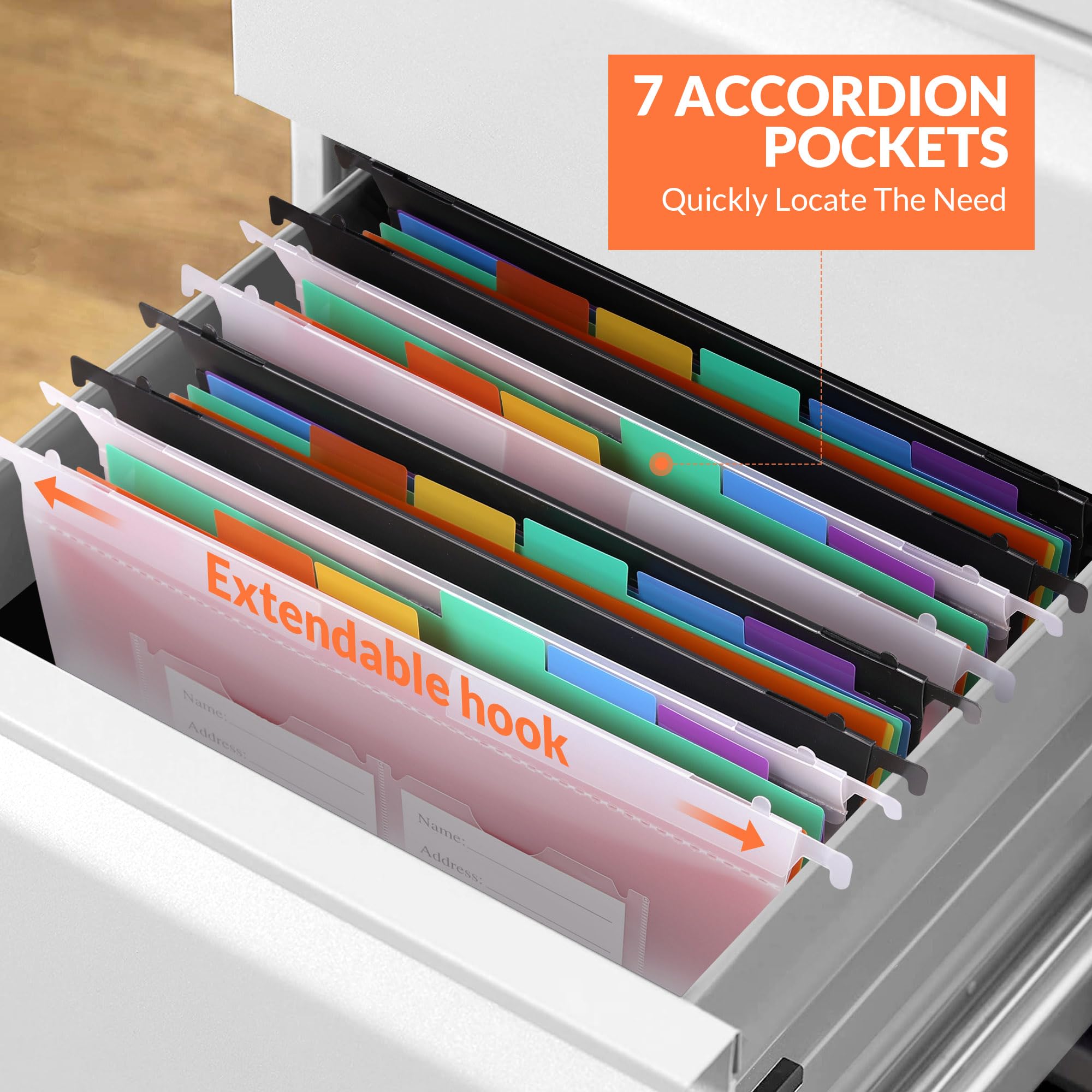 Zuozee Hanging File Folder for Letter Size, Desktop File Holder with 7 Pockets Accordion Dividers Folder, Filing Cabinet Organizer for Office, Home and Classroom, Clear