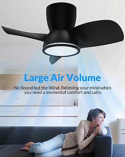 Ceiling Fan with Lights and Remote,30” Flush Mount Ceiling Fans Large Air Volume,4 Speeds,Reversible,Timer,Dimmable LED Lights,Super Quiet Low Profile Ceiling Fan with light for Bedroom Kitchen Patio.