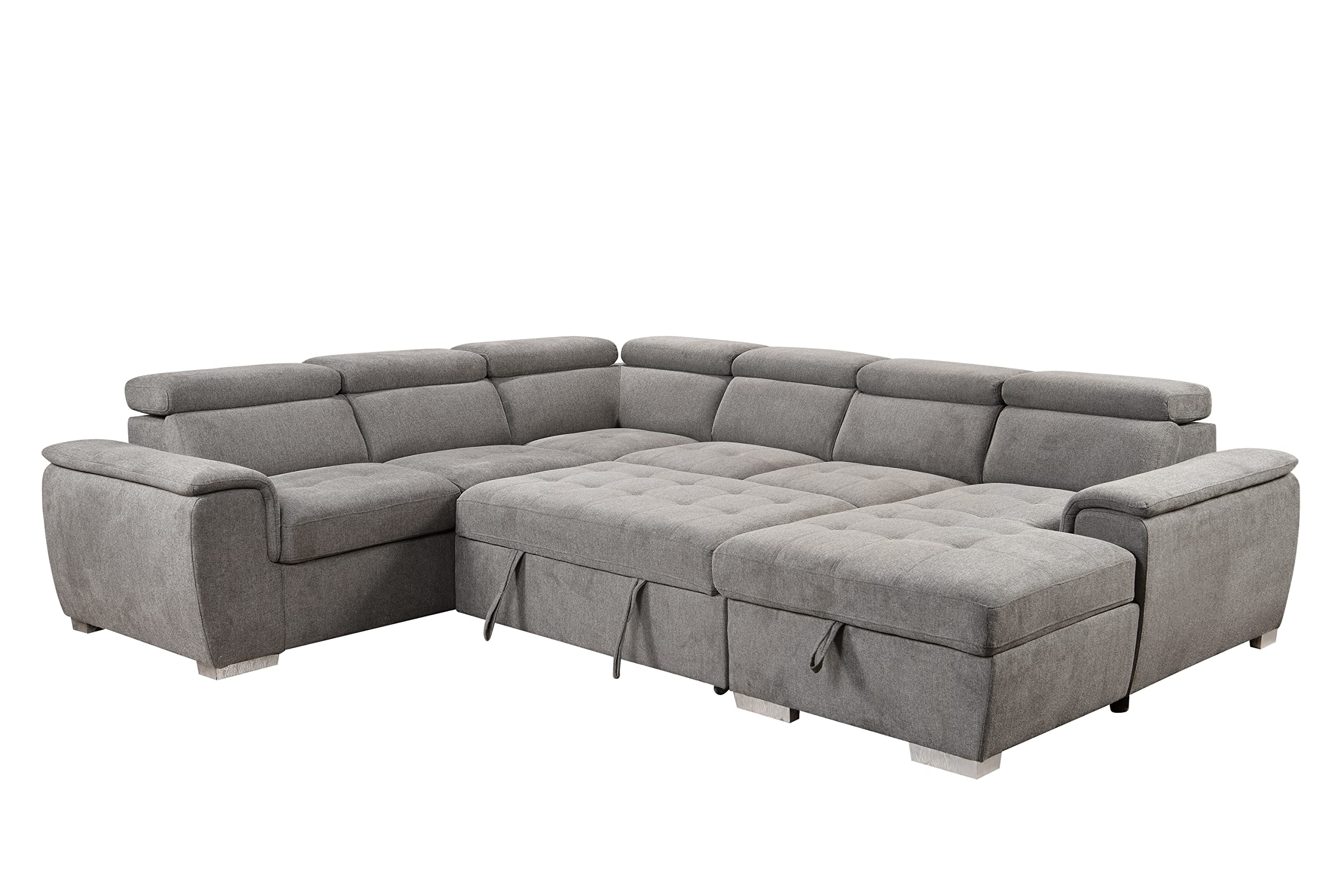 Eafurn 125'' U-Shaped Sectional Sleeper Right Storage Chaise Lounge and Pull Out Bed, 7-Seater Tufted Seat Oversized Sofa & Couches with Adjustable Headrest for Living Room, Light Gray