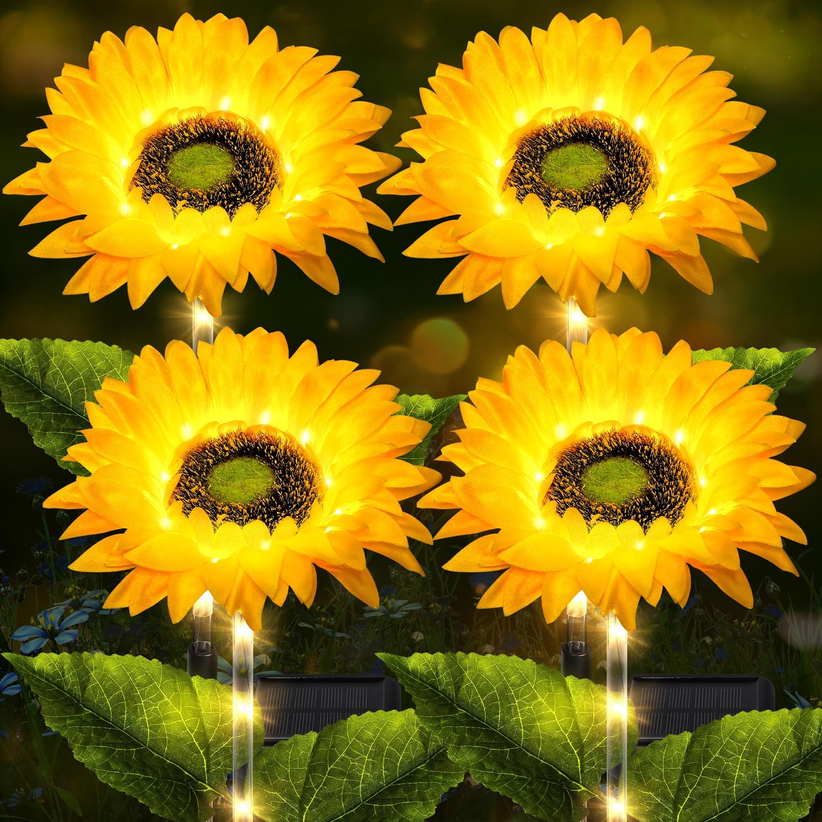 4 Packs Solar Lights for Outside, Outdoor Waterproof Solar Flower Lights for Garden Decor, Solar Powered Flower Light with Bigger Sunflower, Solar Fairy Lights Decor Fence Landscape Patio Yard Walkway