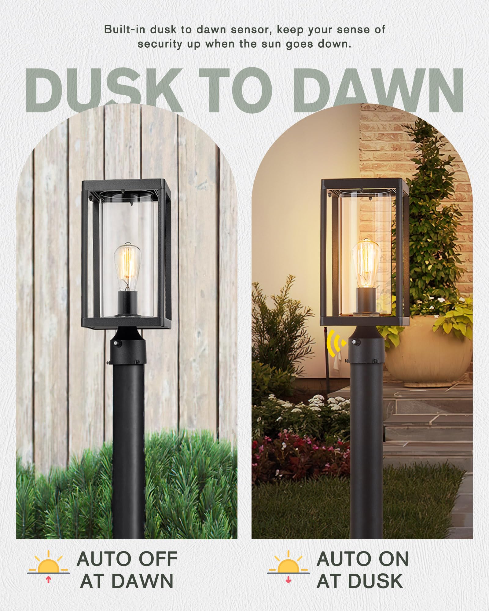 Beionxii Outdoor Post Lights, Dusk to Dawn Large Lamp Post Light Fixture, Black Cast Aluminum w/Clear Cylinder Glass (20" x 7") - A291P-1PK/S