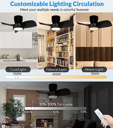 Ceiling Fan with Lights and Remote,30” Flush Mount Ceiling Fans Large Air Volume,4 Speeds,Reversible,Timer,Dimmable LED Lights,Super Quiet Low Profile Ceiling Fan with light for Bedroom Kitchen Patio.