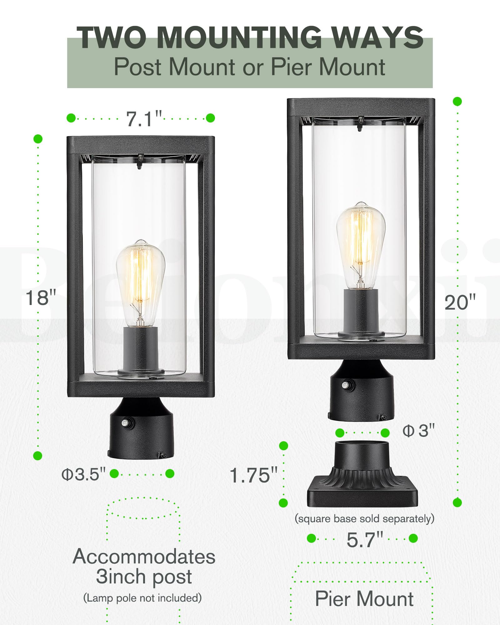 Beionxii Outdoor Post Lights, Dusk to Dawn Large Lamp Post Light Fixture, Black Cast Aluminum w/Clear Cylinder Glass (20" x 7") - A291P-1PK/S