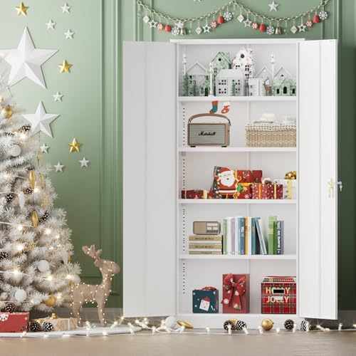 INTERGREAT Metal Storage Cabinet,72" Steel Lockable File Cabinet with Locking Doors and Adjustable Shelves,Locking Tool Cabinets for Office,Home,Garage,Gym,School (White)